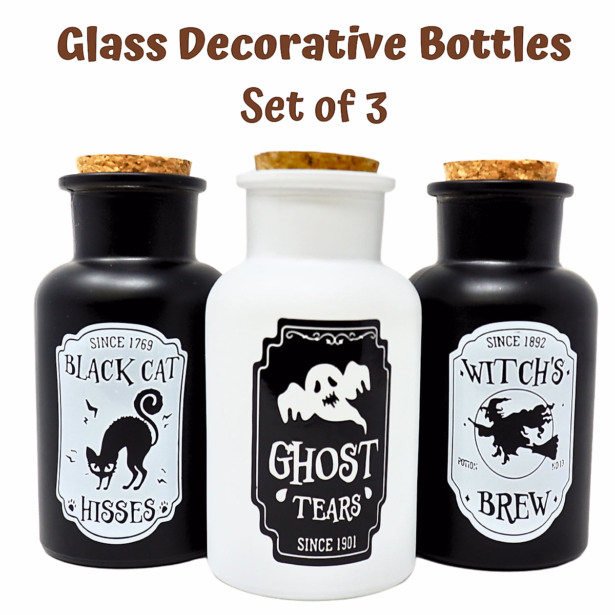 4E's Novelty Set of 3 Glass Decorative Apothecary Potion Bottles Halloween Tabletop Mantle Decorations, Halloween Witch Farmhouse Decor for Tiered Tray Table Centerpiece