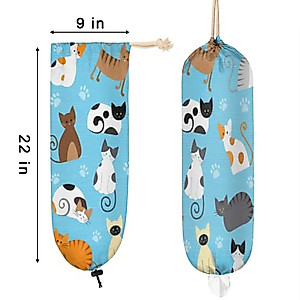 Cute Cat Set Plastic Bag Holder, Cat Pattern Wall Mount Plastic Bag Organizer with Drawstring Grocery Shopping Bags Storage Dispenser for Home Kitchen Farmhouse Decor, 22X9 Inch