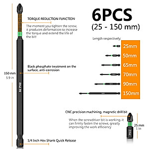Magnetic Phillips Bits Set - BPQWLF Phillips Impact Bits, Magnetic Phillips Head Drill Bits, 1/4 Inch Hex Shank Quick Release (6PC,25-150mm)