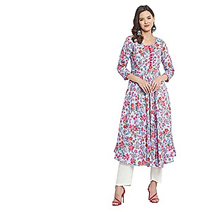 Tissu Women's Rayon Light Blue & Pink Printed A-Line Kurta 2156_Light Blue_XS