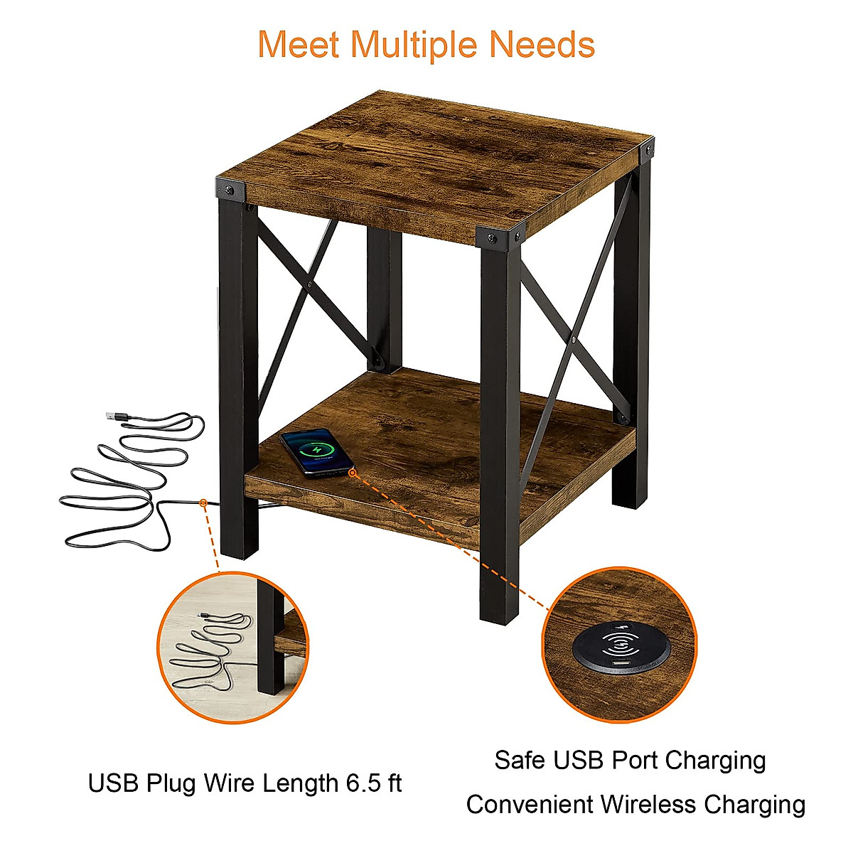 Okvnbjk Rustic End Table with Charging Station, Nightstand Side Table with Wireless Charger Pad & USB Port, Suitable for Living Room, Bedroom, Office, Small Spaces, Rustic Brown