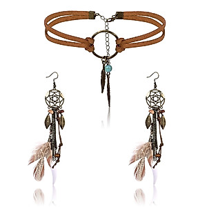 FINREZIO Native American Jewelry Leather Choker Necklace Earring Set for Women Handmade Bohemian Dream Catcher Long Faux Feather Drop Dangle Earrings Retro Necklace Set