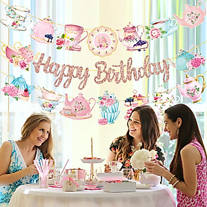 Tea Party Birthday Banner Rose Gold Tea Themed Happy Birthday Banners Floral Tea Birthday Party Decoration Teapot Cutout Banner for Afternoon Tea Baby Shower Supplies