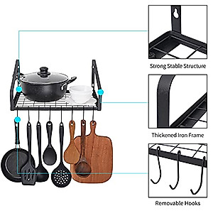 Giikin Hanging Pot Rack Set of 2, Kitchen Wall Mounted Pot and Pan Hanger Rack Organizer, Wall Storage Shelves for Household Utensils and Cookware Holder with 16 S Hooks(Black)