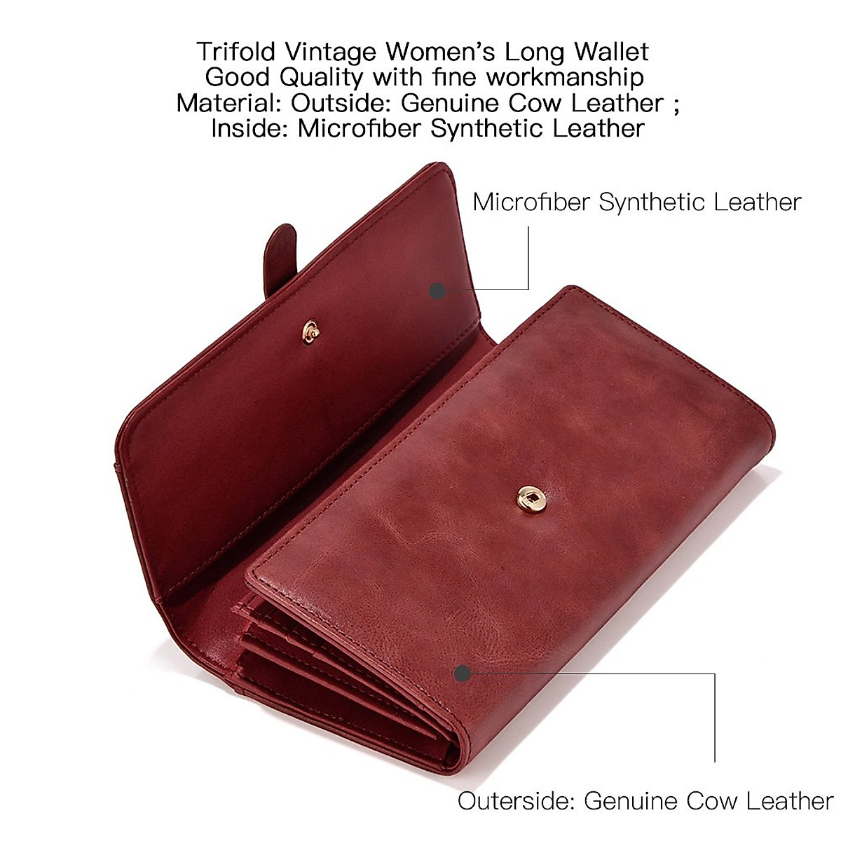 EASTNIGHTS RFID Wallets for Women Clutch Wallet Leather Trifold Wallet Credit Card Slot (wine red)