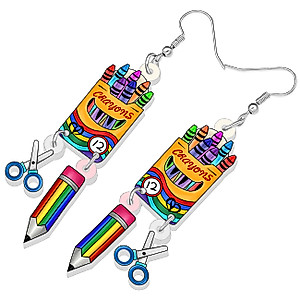 NEWEI Fun Teacher Earrings Back to School Dangle Book Apple Jewelry for Women Crayon Pencil Charms (Crayon)
