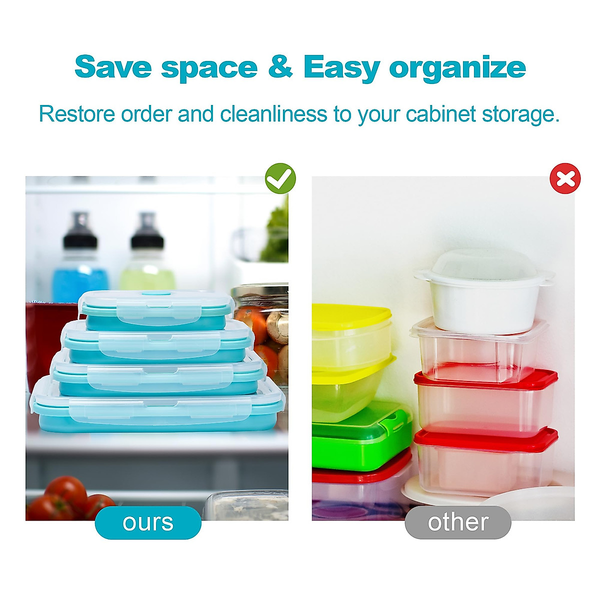 Set of 4 Collapsible Silicone Food Storage Container, Leftover Meal box For Kitchen, Bento Lunch Boxes, BPA Free, Microwave, Dishwasher and Freezer Safe. Foldable Design Saves Your Space.