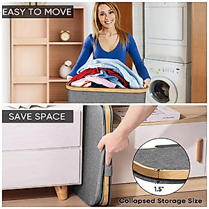 BALEINE Laundry Hamper with Lid, Tall Laundry Baskets with Bamboo Pull Handles, Large Laundry Bin with Internal Support (26 Gal/100L, Beige)