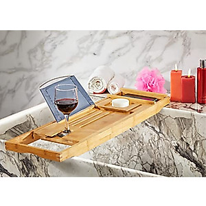 RoyalHouse Bamboo Bathtub Caddy Tray, Expandable Bath Table Over Tub with Glass Book, Adjustable Organizer Tray for Bathroom, Wine and Phone Holder, Ideal Gift for Family & Friends (Pack 2)