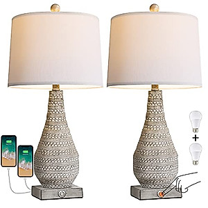 BOBOMOMO 3-Way 24.5’’ Dimmable Touch Control Table Lamp Set of 2 with Dual USB Charging Ports for Bedroom Living Room Farmhouse Traditional Bedside Lamps Rustic Nightstand Lamps (Bulbs Included)