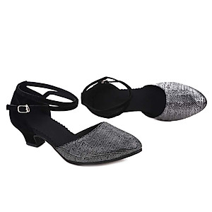 HROYL Womens & Girls Closed Toe Glitter Synthetic Evening Wedding Tango Ballroom Modern Rubber Heel Latin Dance Shoes,DY117-3.5-Black,US8