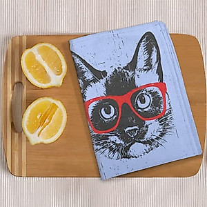Cat Face Glasses Kitchen Towels and Dishcloths Set of 4-17.7" x 28.3" Absorbent Dish Towels with Hanging Loop Hand Towel for Farmhouse Bar Towels & Tea Towels