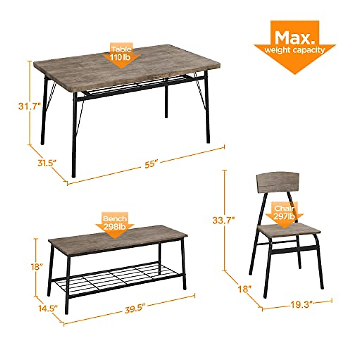 Yaheetech 6-Piece Dining Table Chair Bench Set - Farmhouse & Modern Breakfast Table & Chairs Sets w/Premium Materials & Sturdy Steel Frame for Home, Kitchen, Dining Room, Sunroom