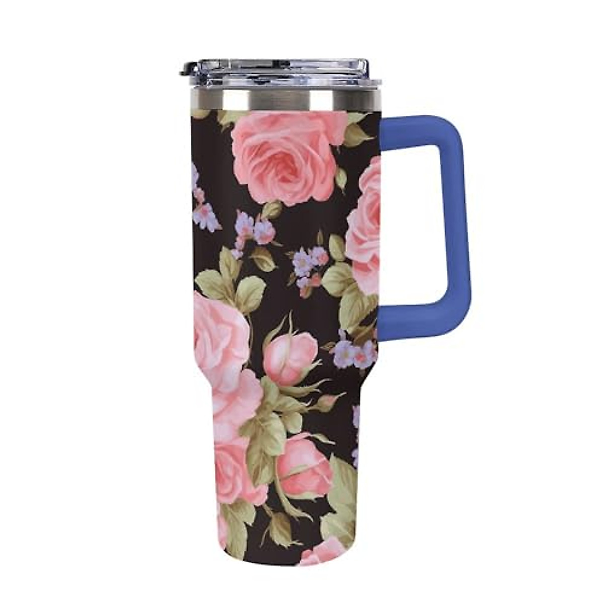 LLUTSNTH 40 Oz Vacuum Tumbler with Deep Blue Handle Leakproof Insulated Tumbler Pink Rose Stainless Steel Travel Mug with Lid And Straw Coffee Cup Cute Water Bottles Cup Holder Friendly