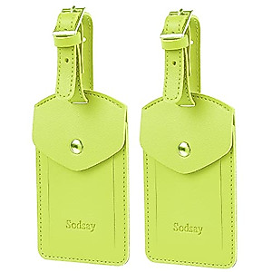Sodsay Leather 2 Luggage Tag Baggage Bag Travel Tags with Privacy Flap (Neon Yellow)