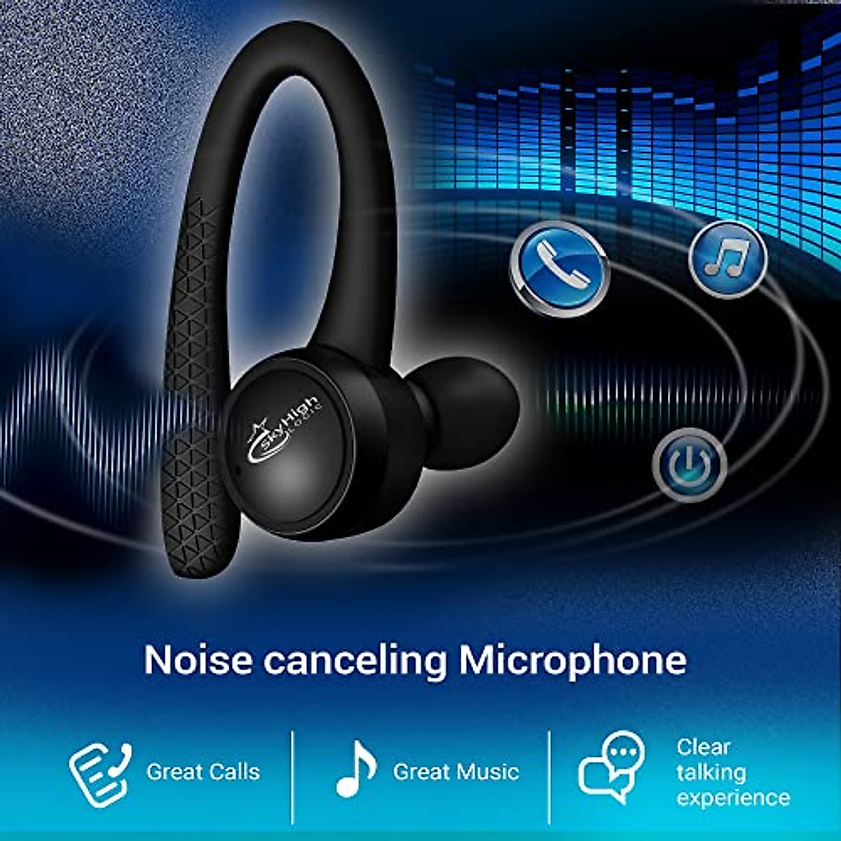 Sky High Logic True Wireless Earbuds with Charging Case - Bluetooth 5.0 Headphones with Ear Hook - Environment Noise Canceling, Waterproof for Fitness, Calls Sky7 Black