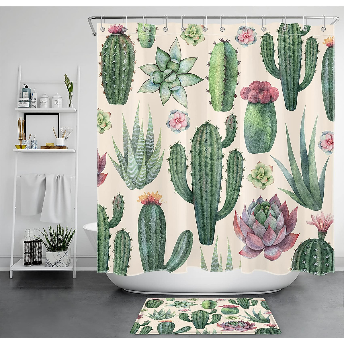 LB Western Tropical Cactus Shower Curtain Sets with Rugs Pink and Green Succulent Plant with Floral on Beige Fabric Shower Curtain with Hooks Nature Plant Bathroom Curtains Shower Set, 72x72 inches