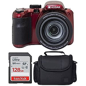 Kodak PIXPRO AZ425 Digital Camera + Camera Case + 128GB Memory Card (Red)