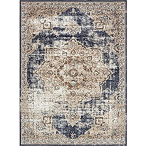 Unique Loom Chateau Collection Vintage, Distressed, Medallion, Rustic, Traditional Area Rug, 9' 0" x 12' 0", Beige/Navy Blue
