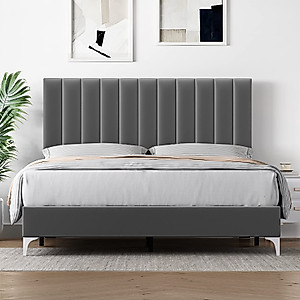 IDEALHOUSE Queen Size Bed Frame with Adjustable Headboard, Velvet Upholstered Platform Bed Frame with Wooden Slats Support, No Box Spring Needed, Easy Assembly, Dark Grey