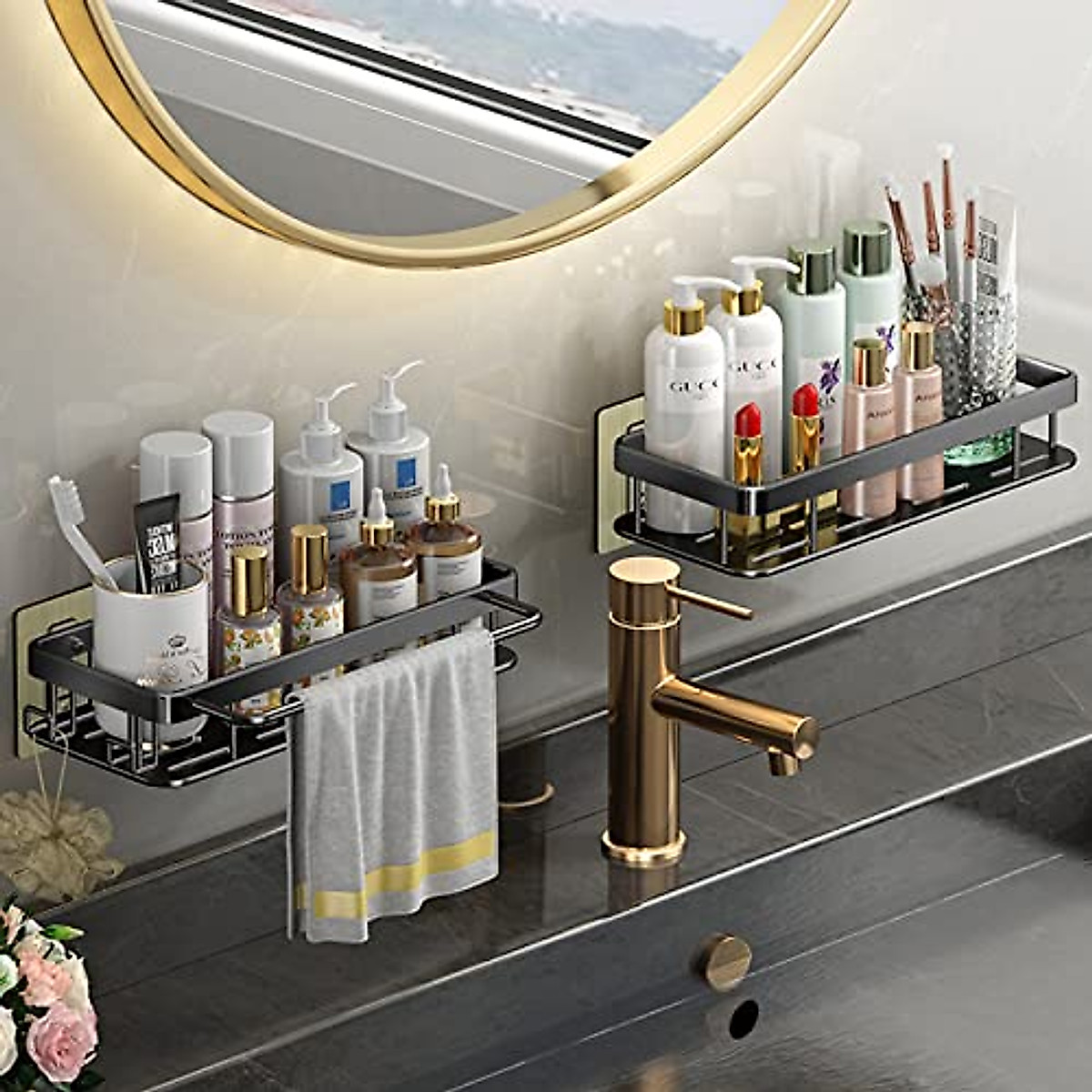 Shower Organizer 2pcs Shower Caddy Shower Shelf With Soap Holder Sticky Shower Shelf With towel hanging bar ,Shower Storage Rustproof Bathroom Caddy Wall Mounted (Black) shower racks for inside shower