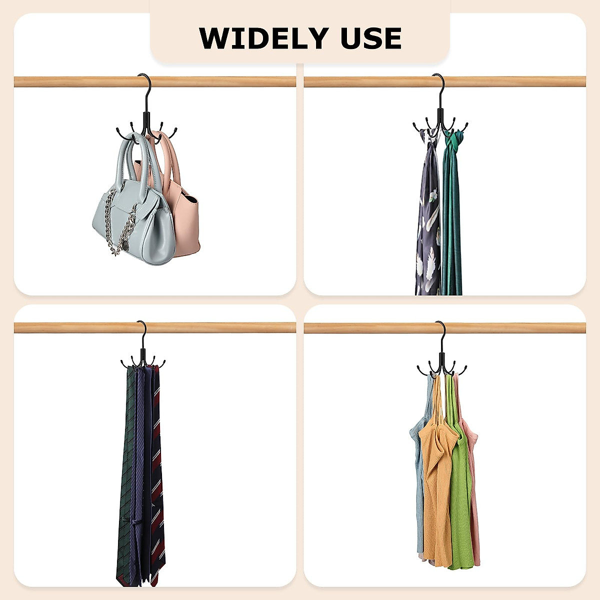 Lomrsiul Belt Hanger Organizer for Closet - Non Slip Rotatable Tie Rack Hanger with 6 Hooks Max 24 Belts Closet Organizers and Storage for Belt Tie Purse Tank Top Handbag Hat Bra Black