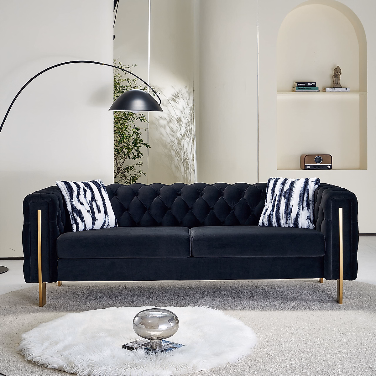 Zushule Tufted Chesterfield Sofa - A Modernized Classic with Gold Metal Legs and 2 Throw Pillows - Couches for Living Room, Office, and Bedroom - Black Velvet Couch