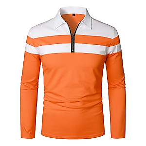 HOOD CREW Men’s Long Sleeve Polo Shirt Casual Slim Fit Shirts Contrast Color Patchwork T Shirts Cotton Tops Orange XXL
