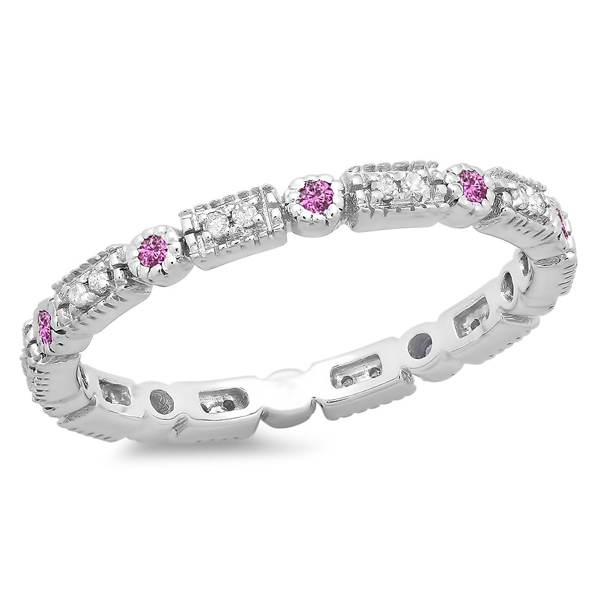Dazzlingrock Collection 14K Round Pink Sapphire & White Diamond Women Wedding Eternity Stackable Band, White Gold, Size 4.5
