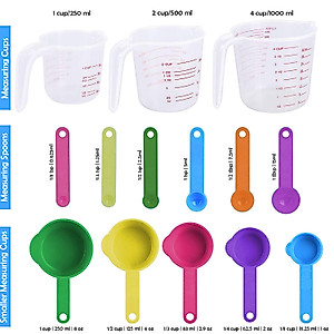 Plastic Measuring Cups and Spoons Set 14 Piece. Includes 11 Colorful Measuring Cups and Spoons Set and 3 Plastic Liquid Measuring Cups. Nesting Measuring Set for Space Saving Storage. Dishwasher-Safe