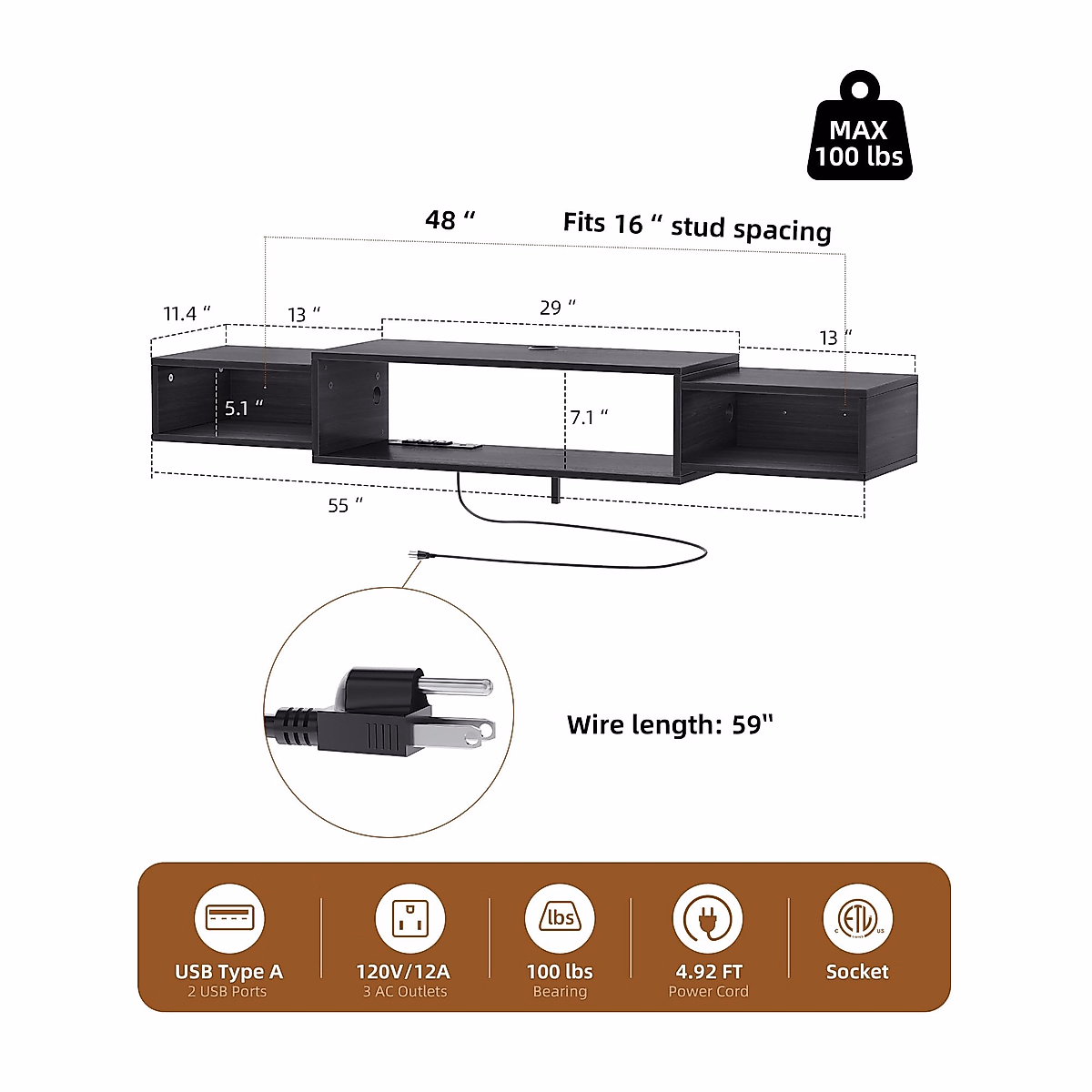 Vicodabo 55" Floating Wall TV Cabinet Stand with Power Outlet, Wall Mounted Wood Media Console, Modern Entertainment Center for Living Room,Bedroom (Black Color)