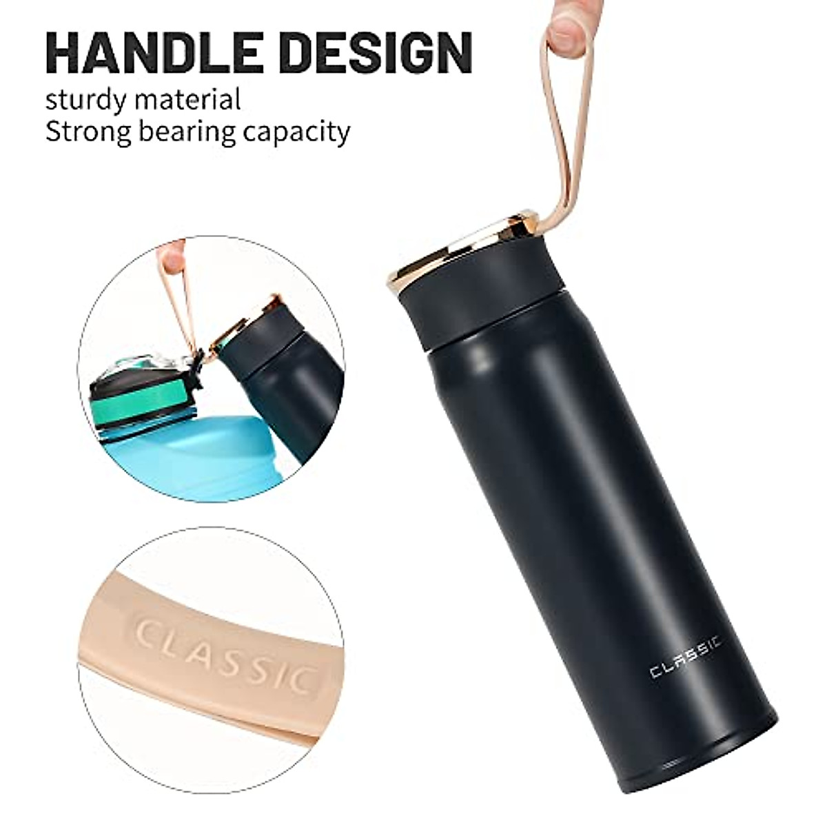 SPARKWA Stainless Steel Water Bottle - Insulated Water Bottle - Reusable Leak Proof Thermos Flask with Lid Handle for Sports, Travel, Hiking and Biking - 12 hrs hot or 24 hrs cold - Dark Blue, 15 Oz