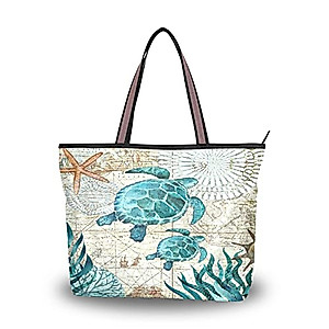 Turtle Turquoise Retro Map Ocean Summer Large Tote Bags Women Summer Handbags with Zipper Shopper Bag for Graduate Gifts Teenager Girls
