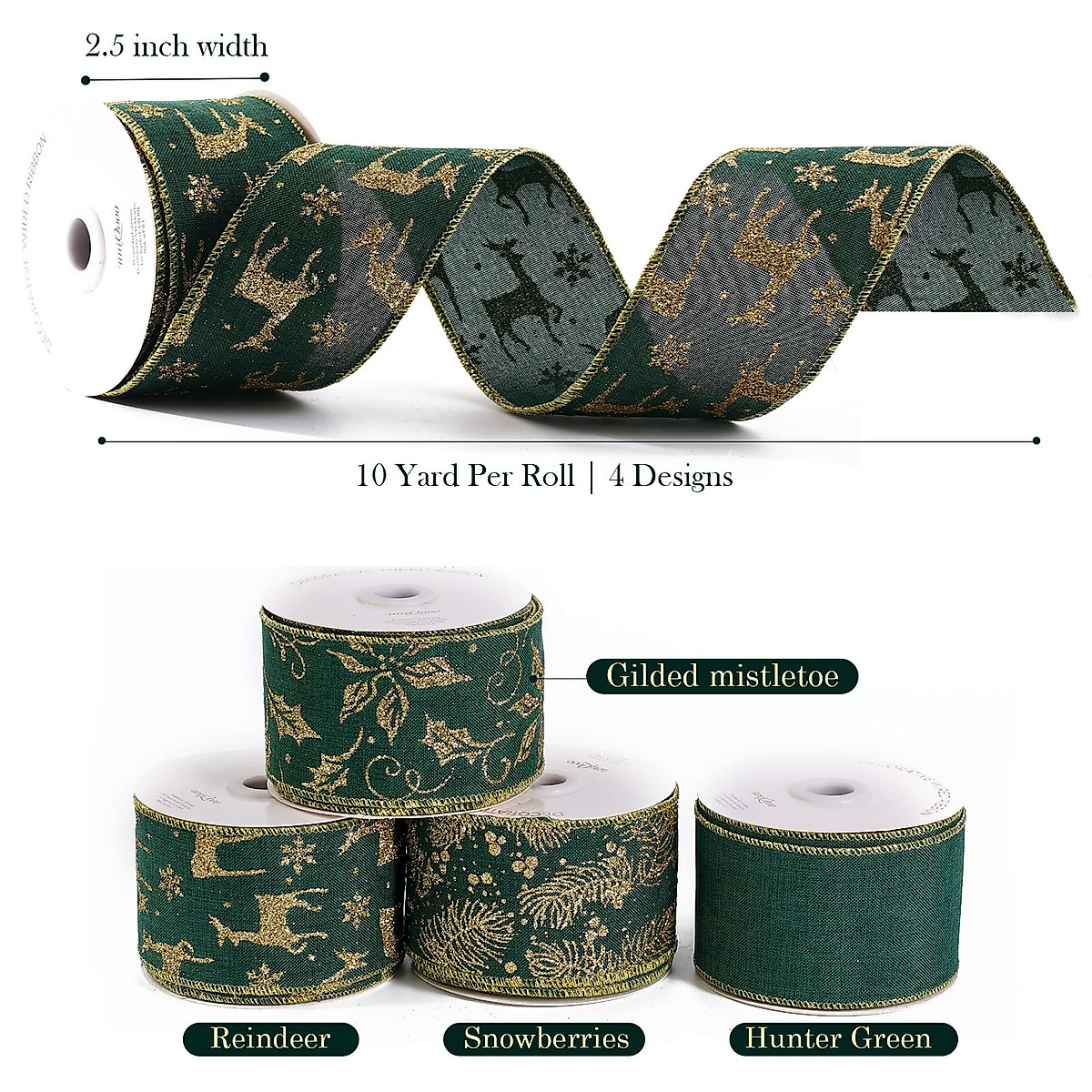 UNIQOOO 40 Yards 4 Rolls Seamless Green Christmas Wired Ribbon Set, 2.5 inch x 10yd. Satin Burlap Wired Edge Ribbon for Xmas Tree Décor, Gift Wrap Box, Bows, Wreath, Garland, Floral DIY Craft, Wedding