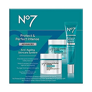 No7 Protect & Perfect Intense Advanced Anti Aging Skincare System - Day Cream with SPF 30 - Hydrating Shea Butter Night Cream - Rice Protein & Hyaluronic Acid Face Serum - Anti Aging (3 Piece Kit)
