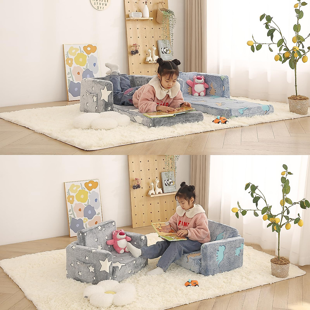 Welnow 2-in-1 Kids Sofa Chair, Glow in The Dark Convertible Toddler Chair Flip Out Children Sofa Chair Folding Kids Play Sofa with Side Pockets & Removable Cover Armrest Chair for Girl or Boy