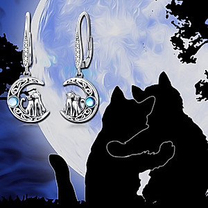 YAFEINI Cats Dangle Earrings Sterling Silver Crescent Moon and Moonstone Drop Earrings Jewerly Gifts for Cats Lovers Women (Cats Dangle Earrings)