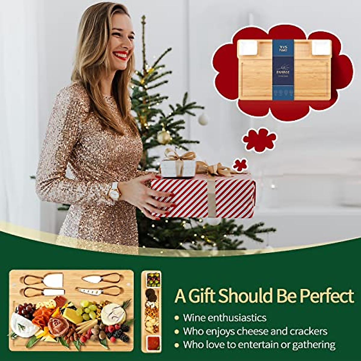 Large Charcuterie Boards and Knife Set - Bamboo Cheese Board - Wine Meat Cheese Tray Platter - Unique Housewarming Gifts, Anniversary Wedding Gifts for Couple, Bridal Shower Gift