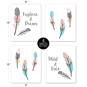 Sweet Jojo Designs Turquoise and Coral Boho Wall Art Prints Room Decor for Baby, Nursery, and Kids for Feather Collection - Set of 4 - Explore & Dream, Wild & Free