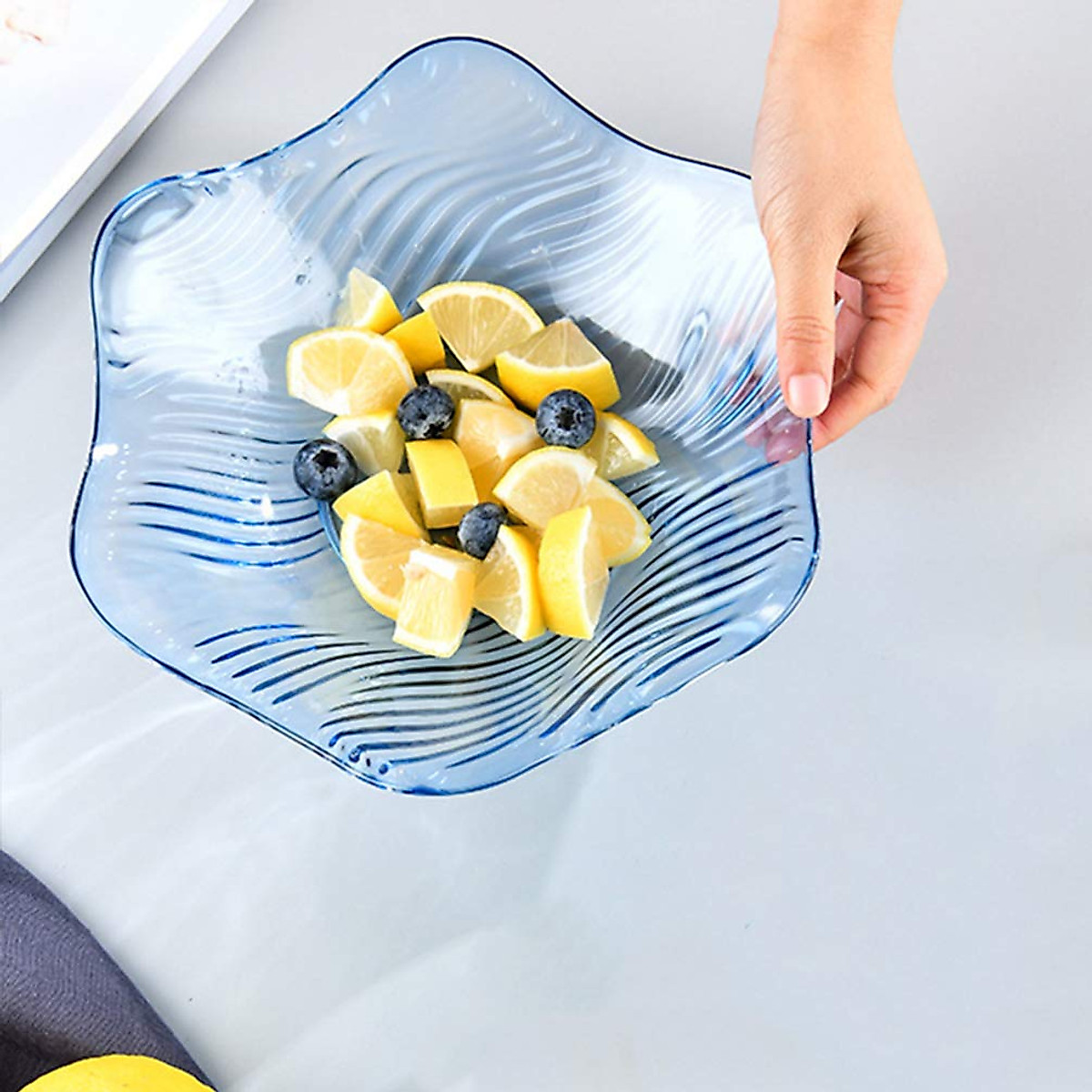 Hemoton Serving Bowl Platter Fruit Holder Bowl Clear Salad Bowl for Home Party Chips Candy Snack Flower Pattern Wave Edged 25.8cm (Blue)