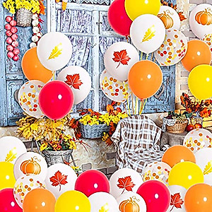 Whaline 80Pcs Fall Balloon Set Autumn Leave Maple Leave Pumpkin Pattern Balloons Red Orange Yellow Confetti Balloon with Yellow Orange Ribbon for Fall Autumn Party Thanksgiving Birthday Wedding Decor
