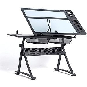 XiVue Adjustable Glass Drafting Table,Versatile Art Study Table,with Storage Drawers,Art Studio Design Sketching Painting Work Station