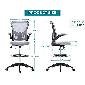 Hramk Ergonomic Office Drafting Desk Chair with Flip up Arms, Mesh Back Tall Office Chair with Adjustable Lumbar Support and Foot Ring (Nylon Wheelbase, Grey)