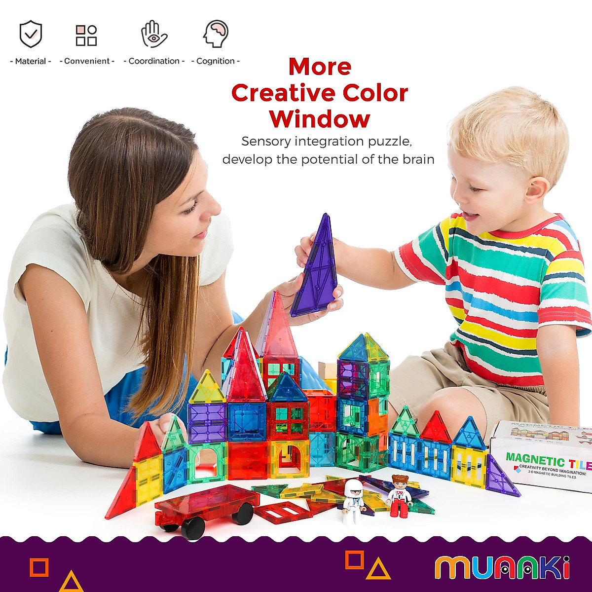 Magnetic Tiles for Kids,100 Pcs Magnetic Blocks for Kids Ages 4-8, Educational Tiles and Stem Toys with 2 Characters, Magnetic Building Blocks for Preschool Kids Recreational, Learning,Creativity