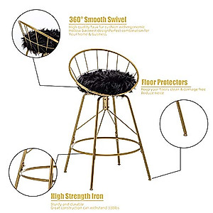 Alunaune 26inch Swivel Metal Bar Stools Gold Bar Chairs Set of 2 Black Faux Fur Counter Height Barstools Home Kitchen Counter Stool-Gold