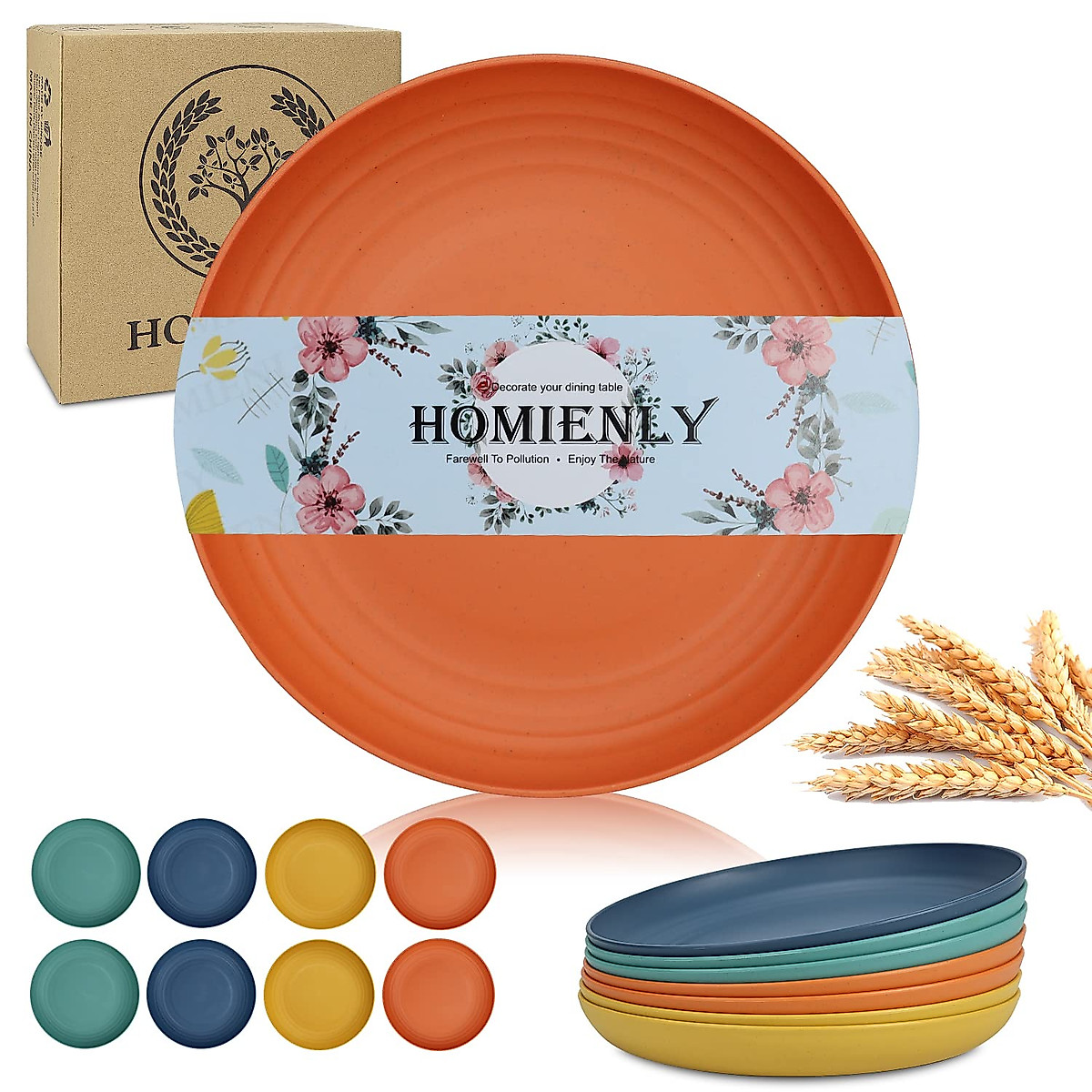 Homienly Deep Dinner Plates Set of 8 Alternative for Plastic Plates Microwave and Dishwasher Safe Wheat Straw Plates for Kitchen Unbreakable Kids Plates with 4 Colors (Colorful, 8 inch)