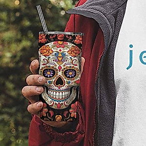 ZXDSKGYN 20 Oz Tumbler With Straw Leak Proof Thermos Cup, Sugar Skulls Stainless Steel Insulated Travel Coffee Mug Fit for Car Cup Holder