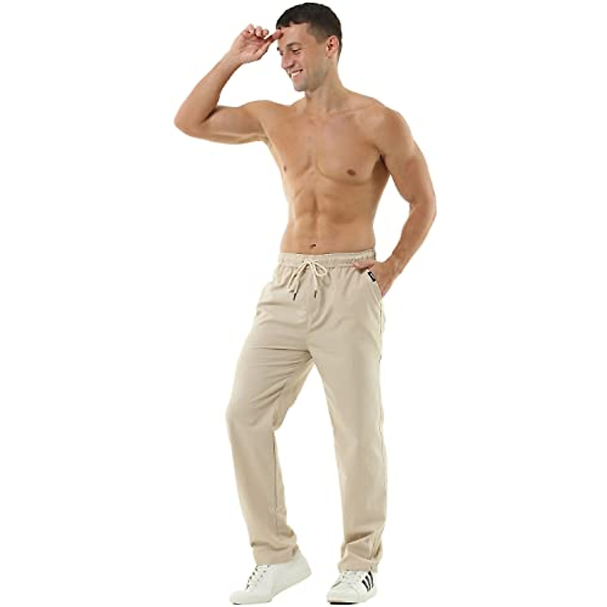 HOEREV Men Casual Beach Trousers Linen Summer Pants, Beige, Large