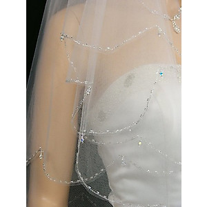 SAMKY 2T 2 Tier Scallop Edge Dangle Crystals Veil - White Fingertip Length 36" V025