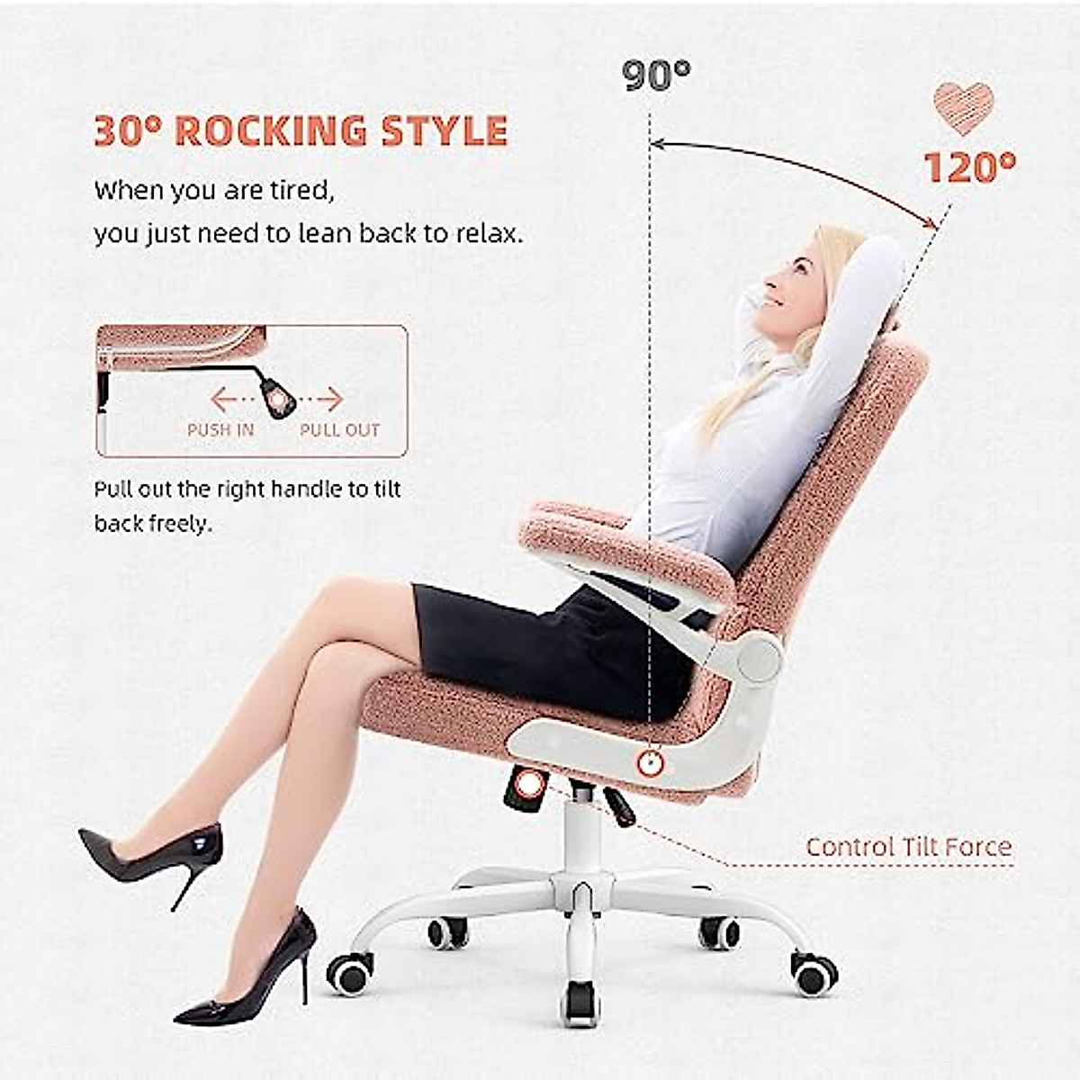 SEATZONE Pink Office Chair Home Office Desk Chairs with Flip-up Armrest, Rolling Desk Chair with Wheels, Faux Fur Computer Chairs Adjustable Backward Tilt